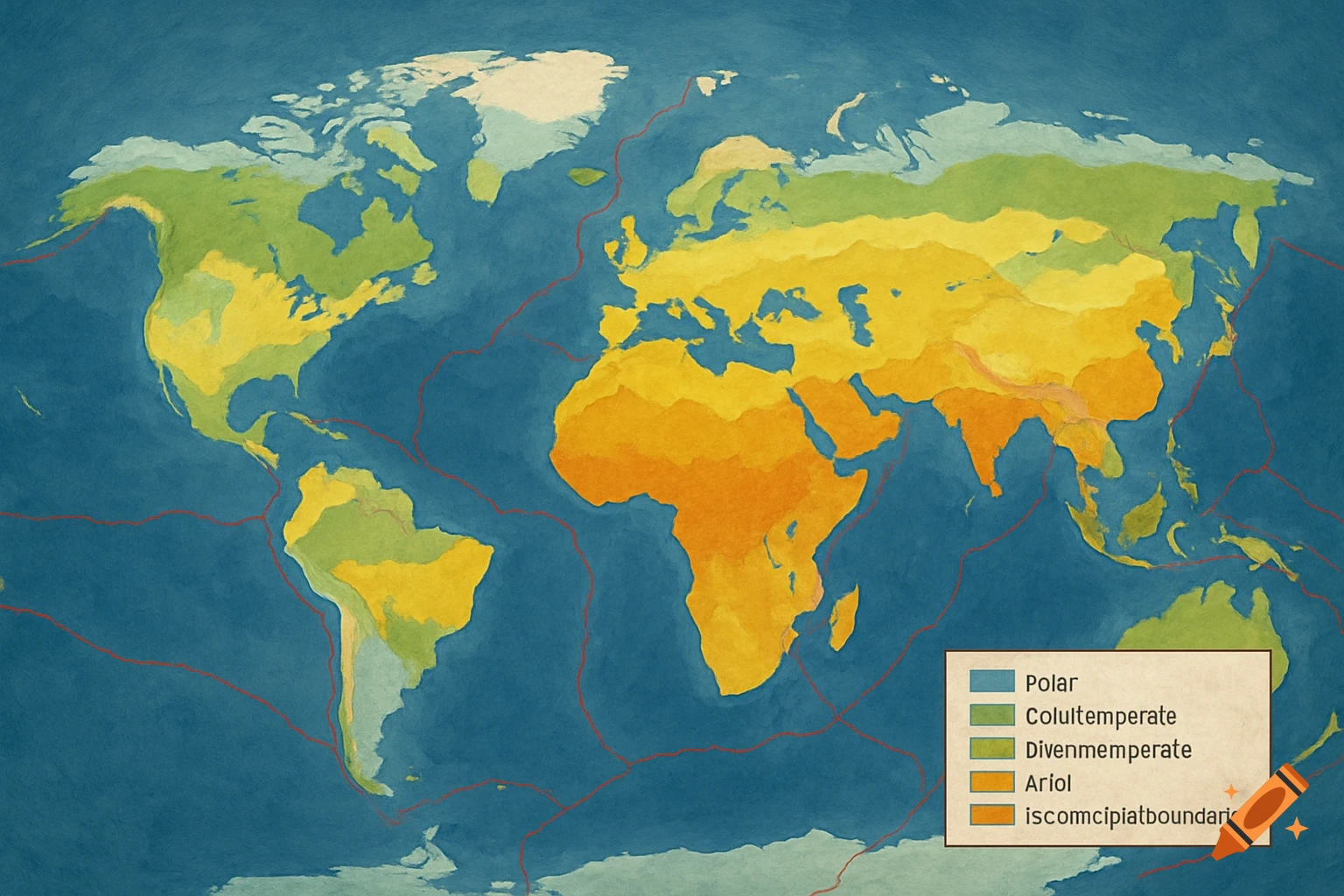A watercolor map showing future continents with climate zones and ...