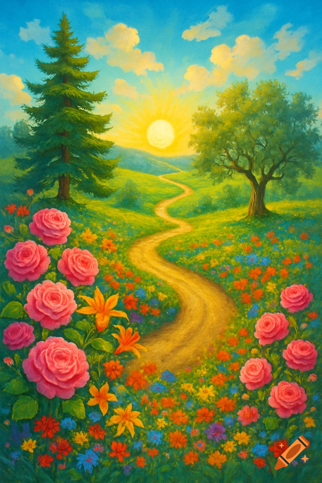 A vibrant painted landscape shows a winding path through a field of ...