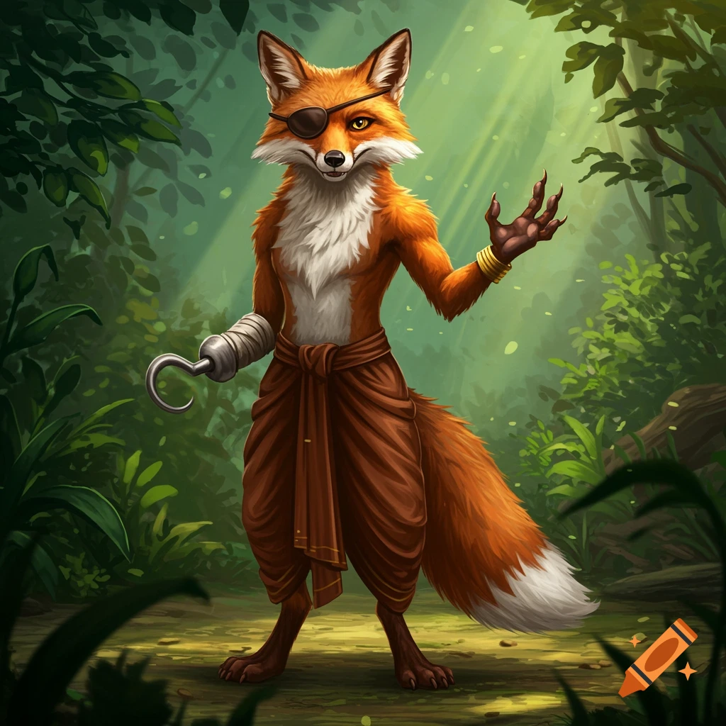 An anthropomorphic fox pirate with a hook hand and eyepatch stands in a ...