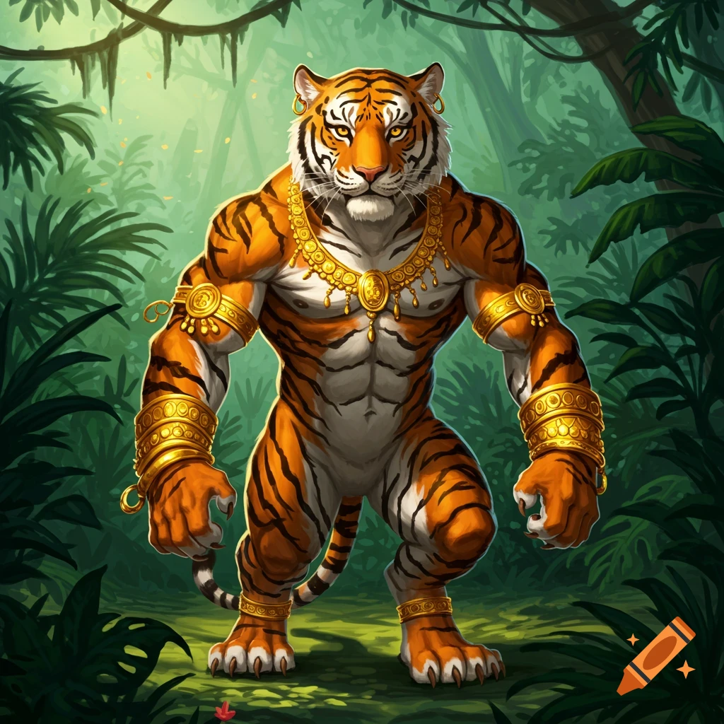 A muscular, anthropomorphic tiger wearing gold jewelry stands in a ...