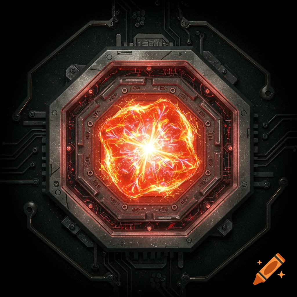 Glowing orange energy core in a dark octagonal metal frame with ...