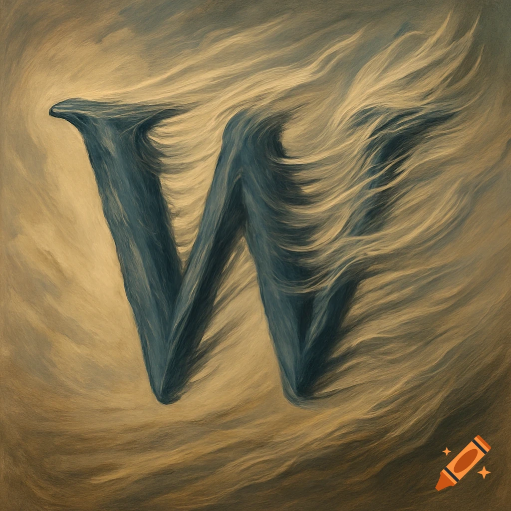 A stylized letter W made of dark material, surrounded by light, wind ...