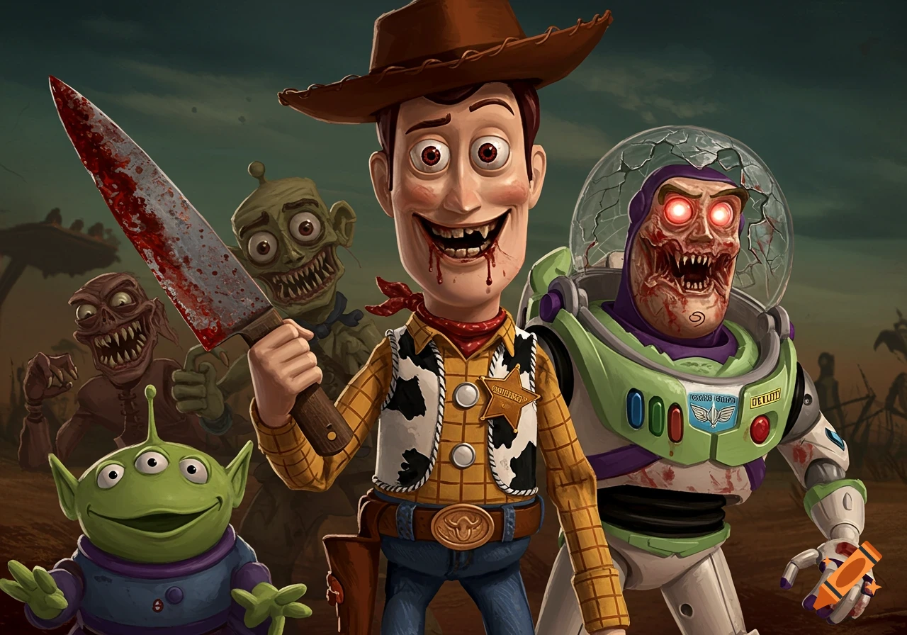 Horror versions of Toy Story characters Woody, Buzz, and aliens, with ...