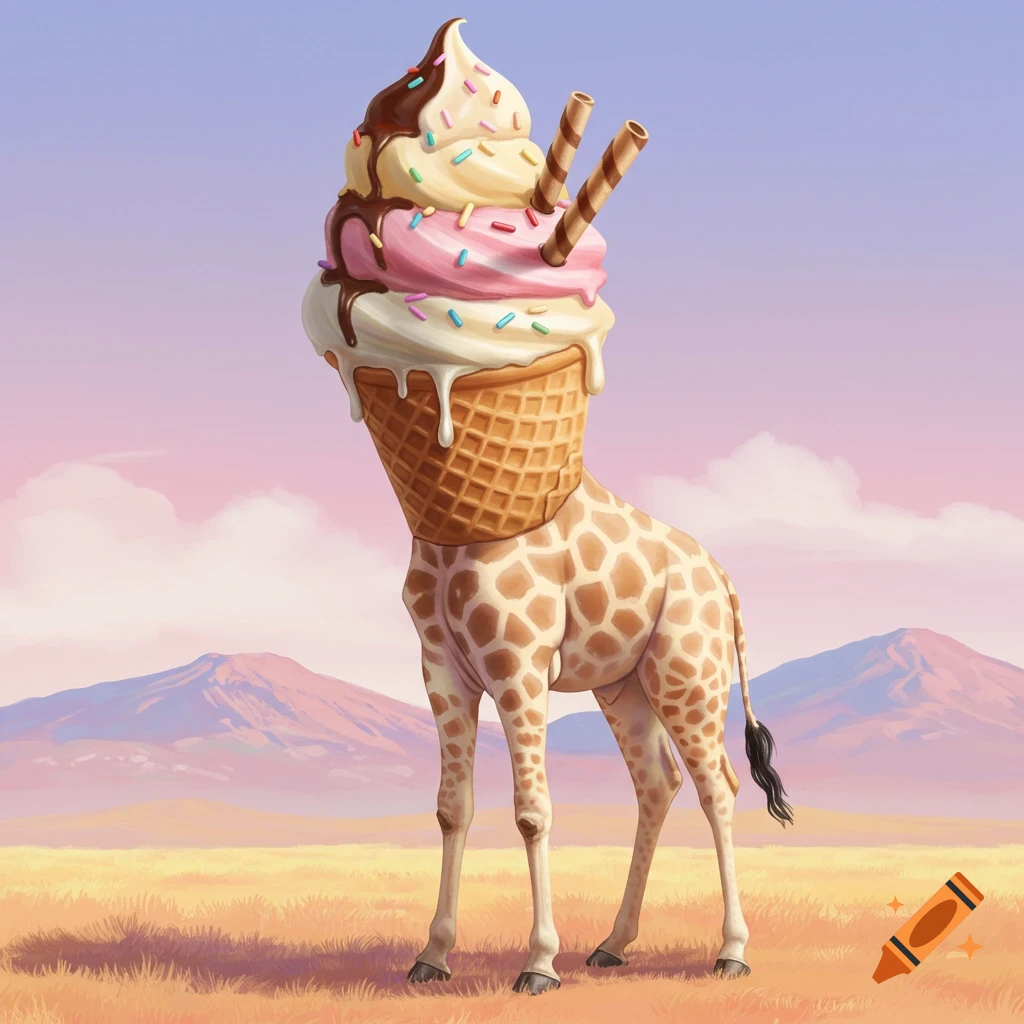 An illustration of a giraffe with an ice cream cone for a head standing ...