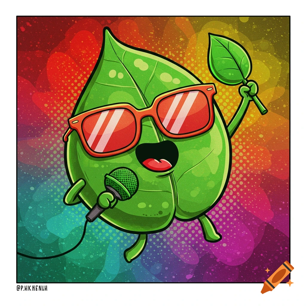 Cartoon leaf character wearing sunglasses and singing into a microphone ...