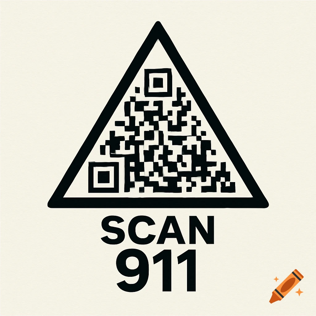 A black QR code within a triangle shape with the text SCAN 911 below it ...