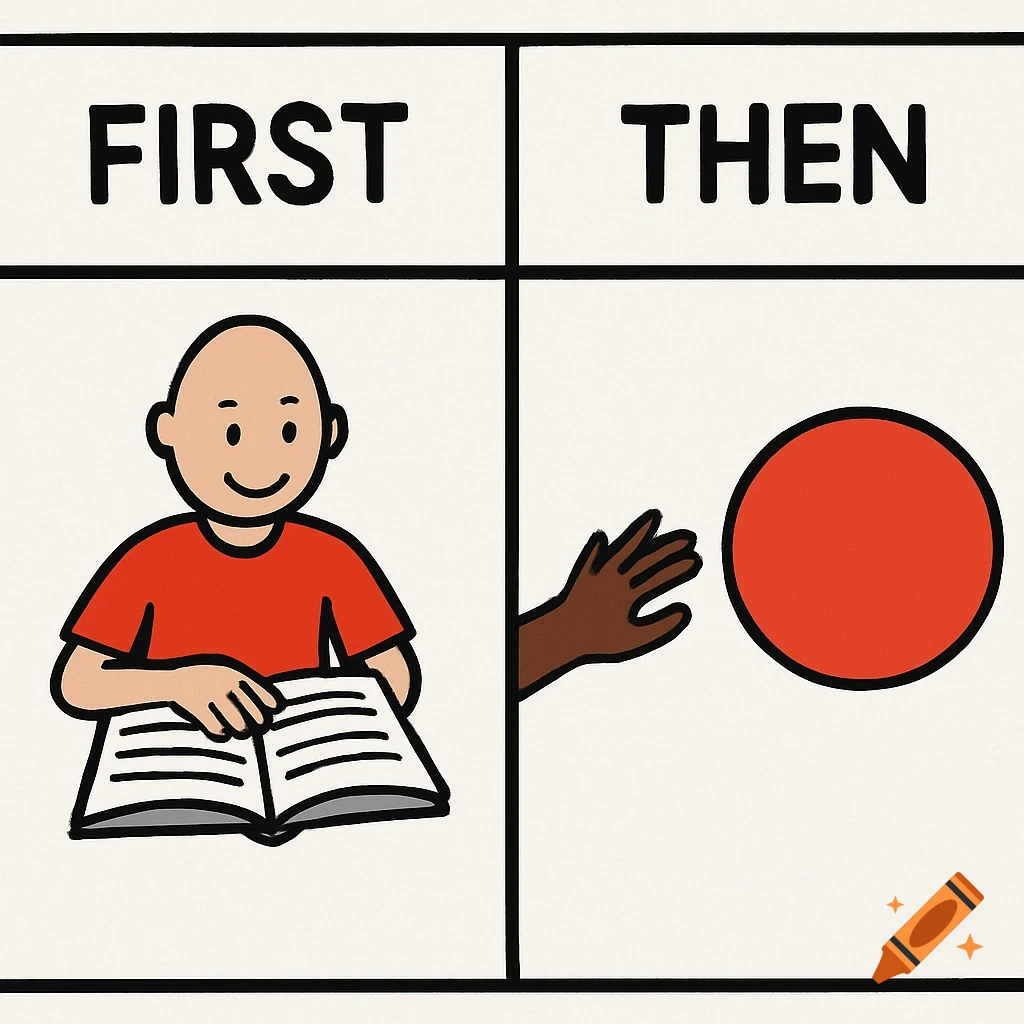 A First Then chart. Left panel: person reading book. Right panel: hand ...