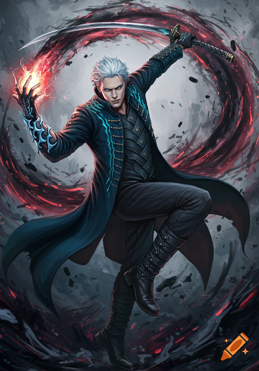 Vergil from Devil May Cry in dynamic pose with sword and magic on Craiyon