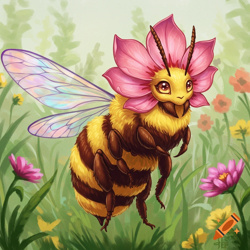 Cute bee creature with a flower head flying in a sunny garden. on Craiyon