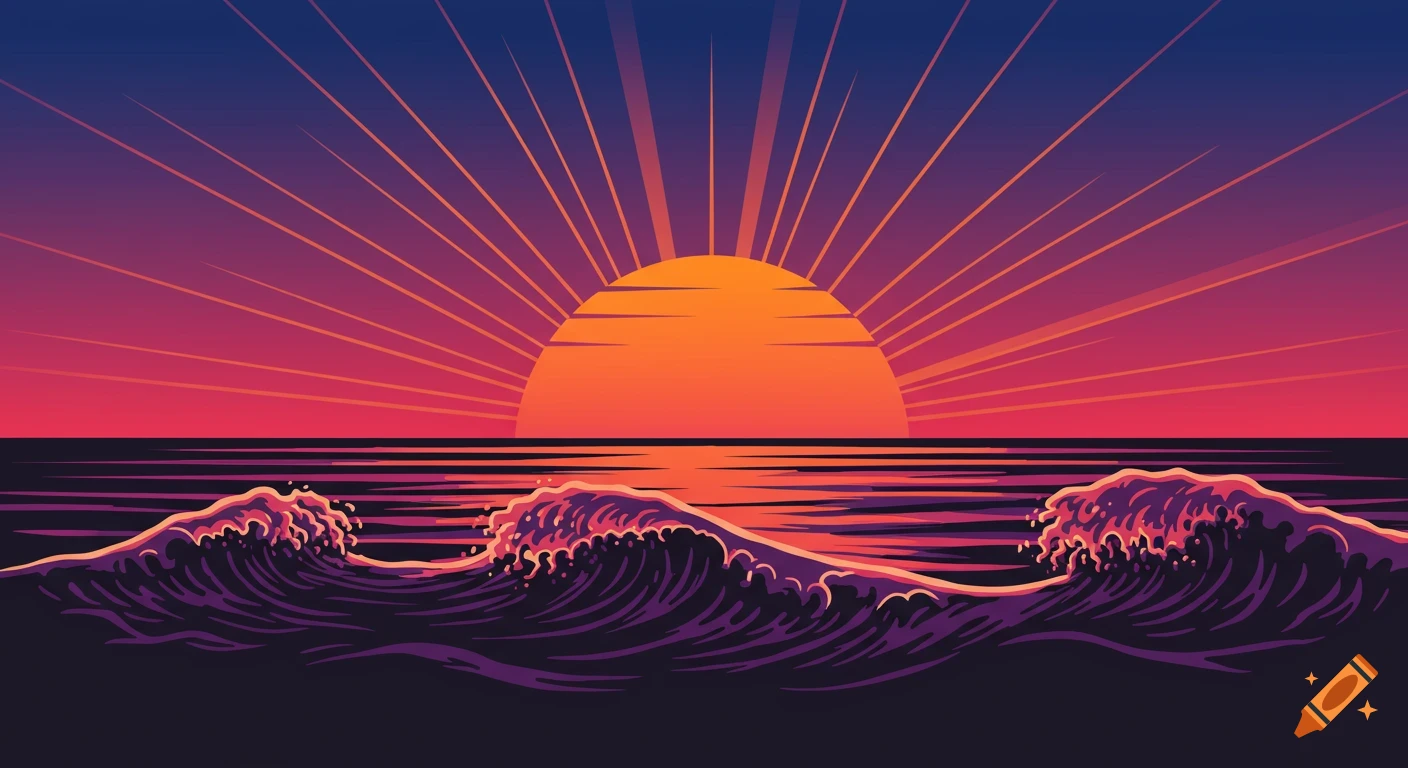 Stylized sunset over ocean waves with radiating sun rays. on Craiyon
