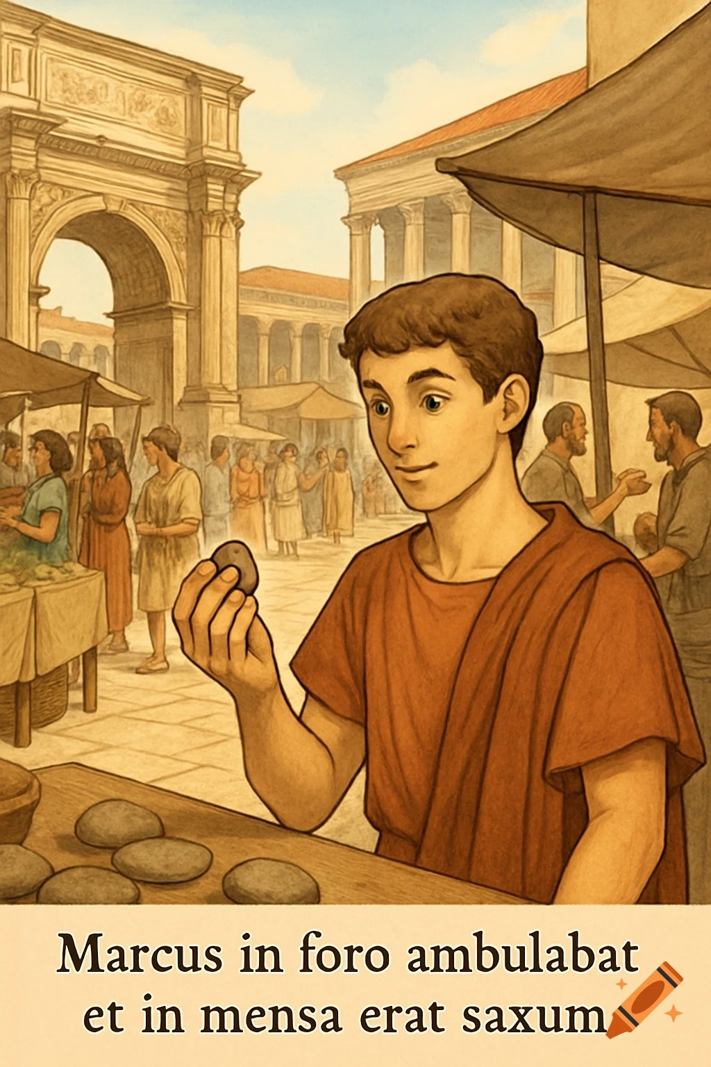 Illustration of a boy holding a stone in a Roman forum marketplace with ...