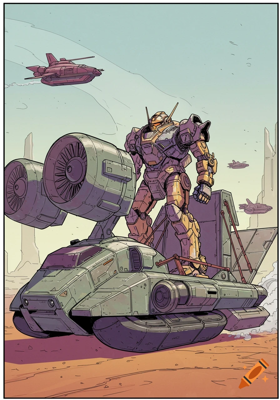 A large mech stands on a hovercraft in a desert landscape with aircraft ...