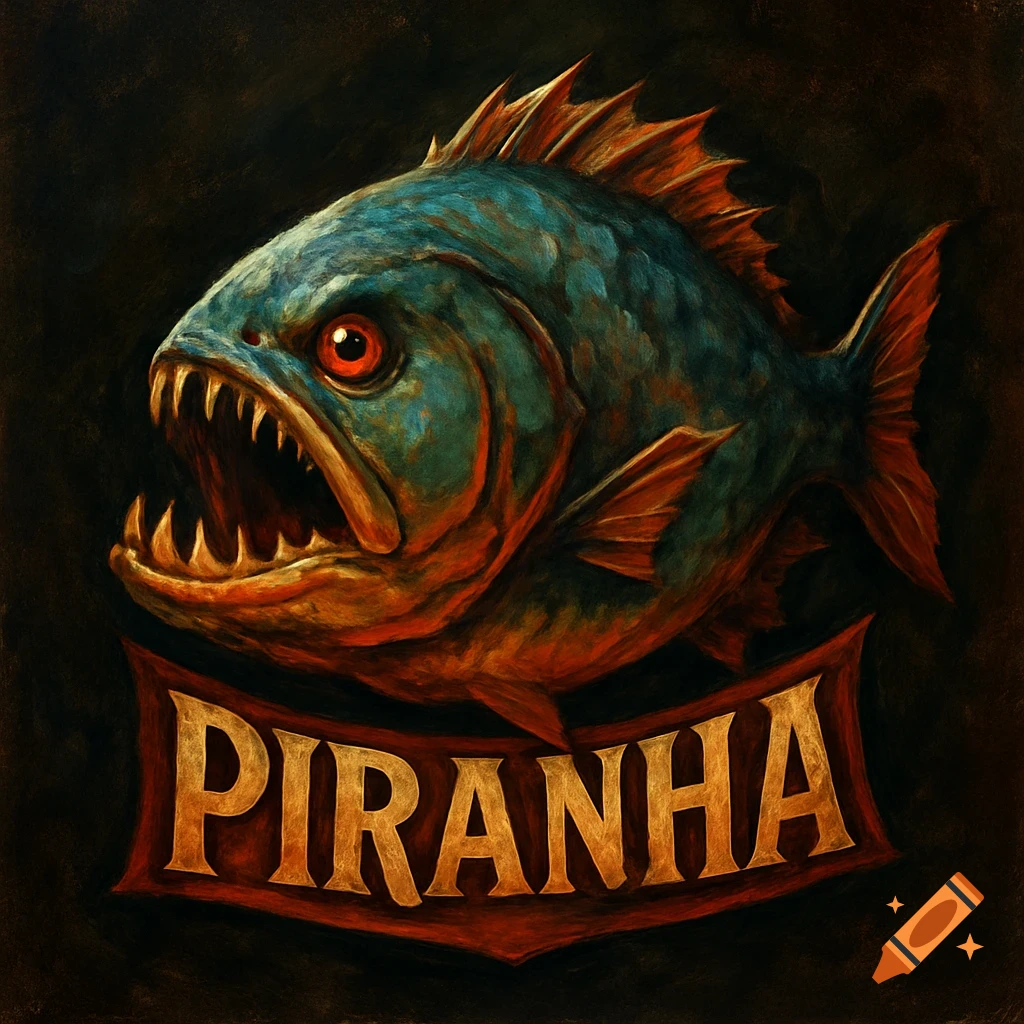Stylized illustration of a piranha with mouth open, and the word ...