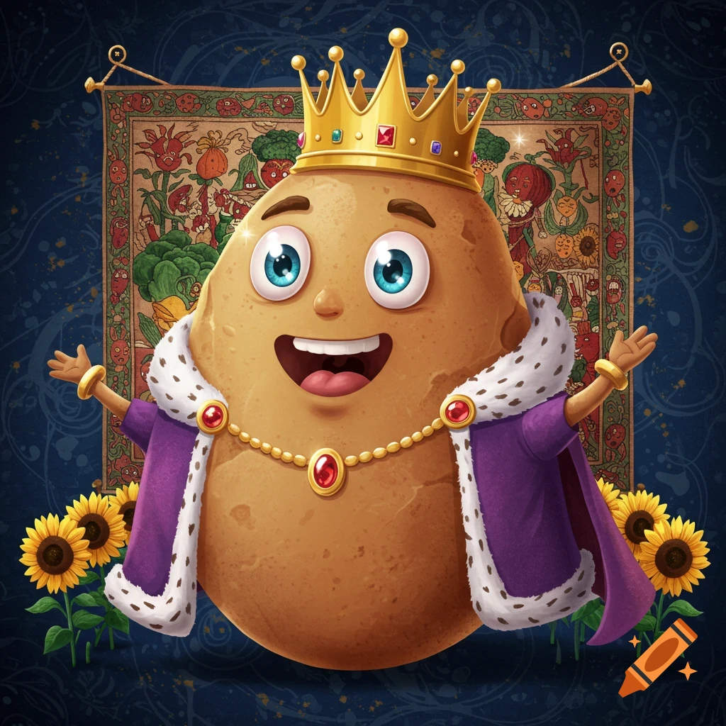 A cartoon potato wearing a gold crown and a purple royal cape. on Craiyon