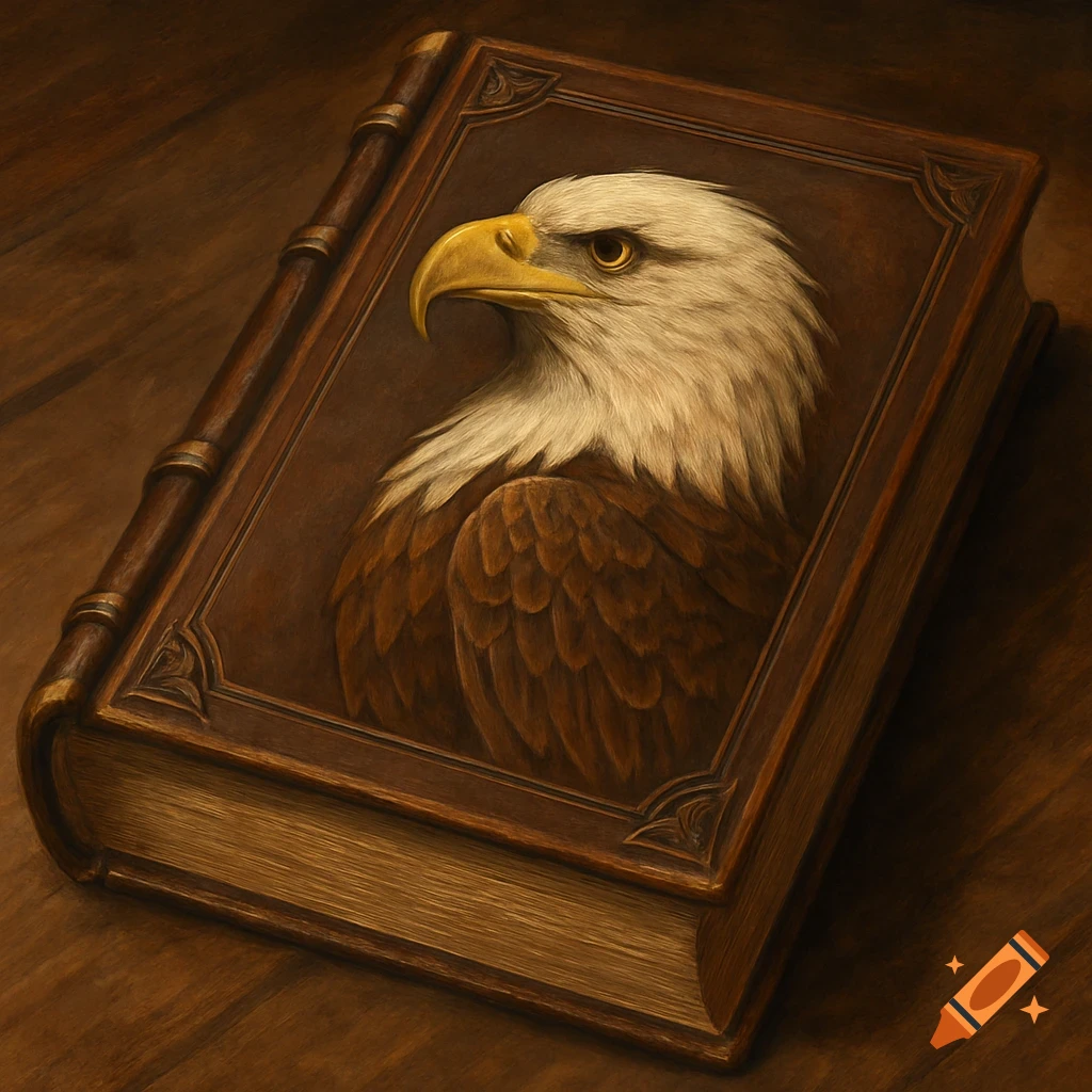 Leather-bound book with an embossed eagle on the cover on a wooden ...