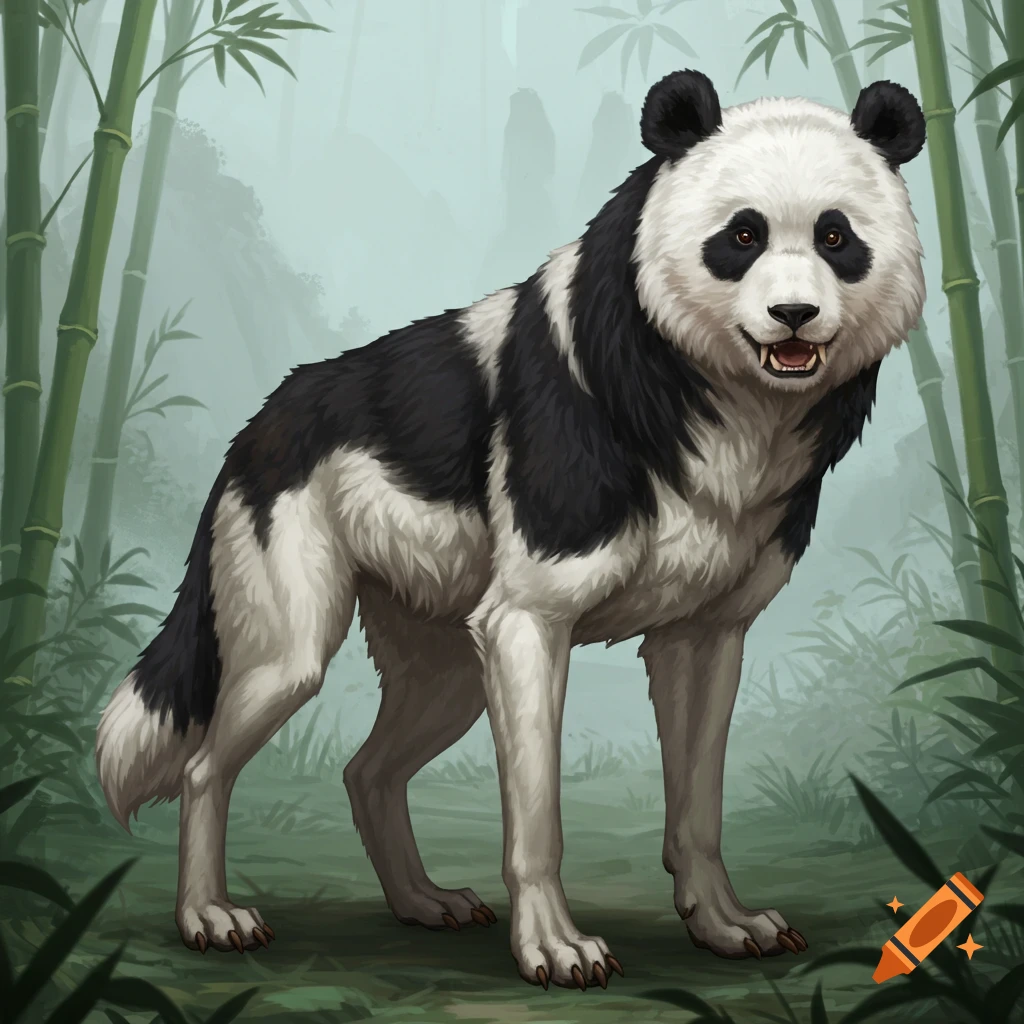 A panda and wolf hybrid creature standing in a bamboo forest. on Craiyon
