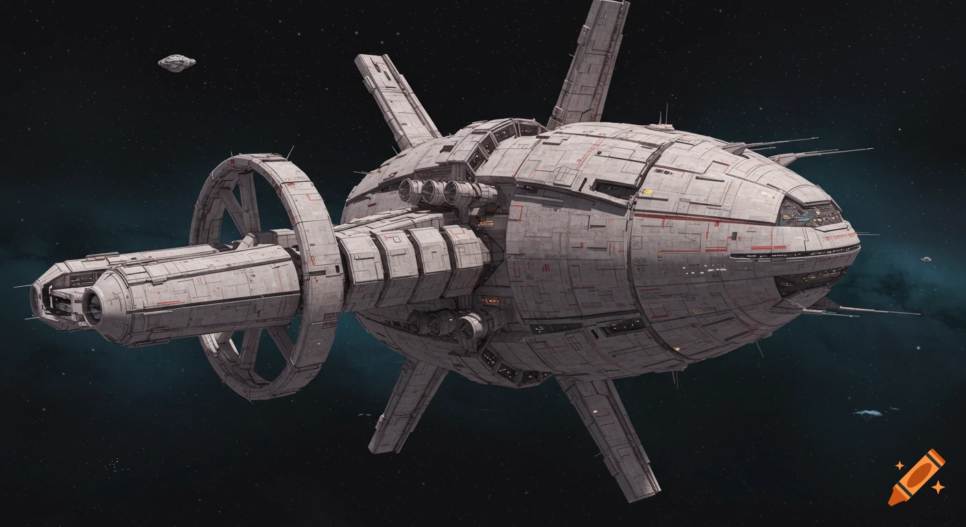 A large, detailed science fiction starship with rotating habitation ...
