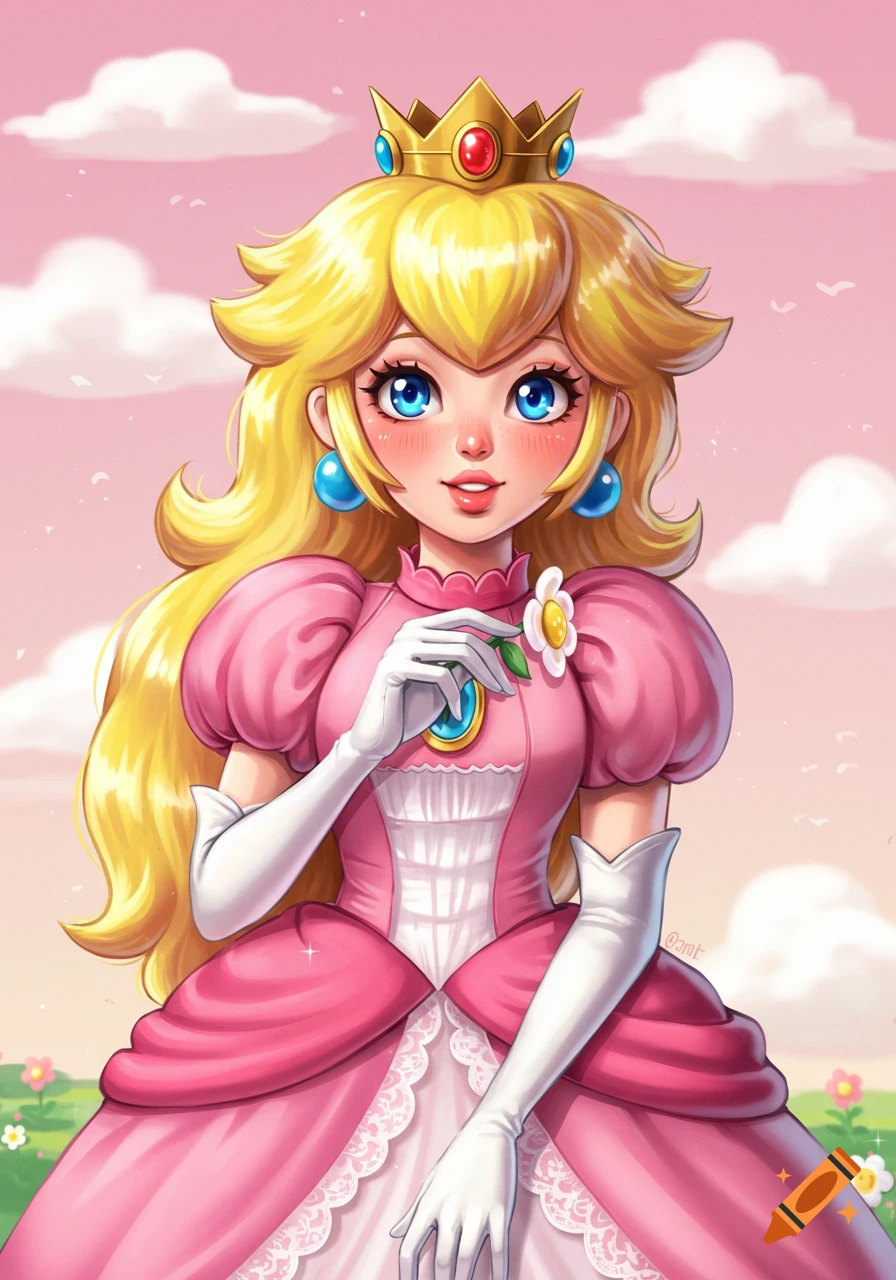 Illustration of Princess Peach in a pink dress and crown, against a ...