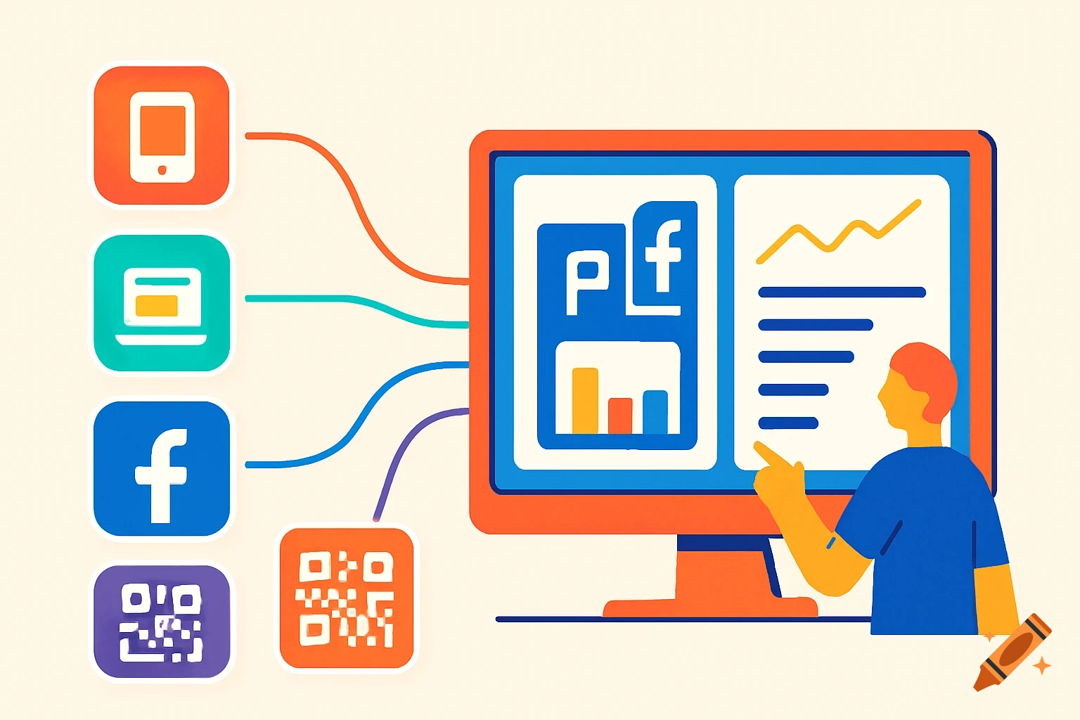 Vector art of digital icons (phone, laptop, Facebook, QR codes ...