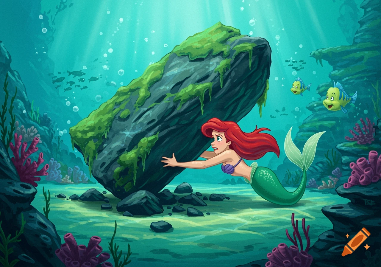 Ariel the mermaid pushes a large mossy boulder underwater in a 2D digital art style with fish ...