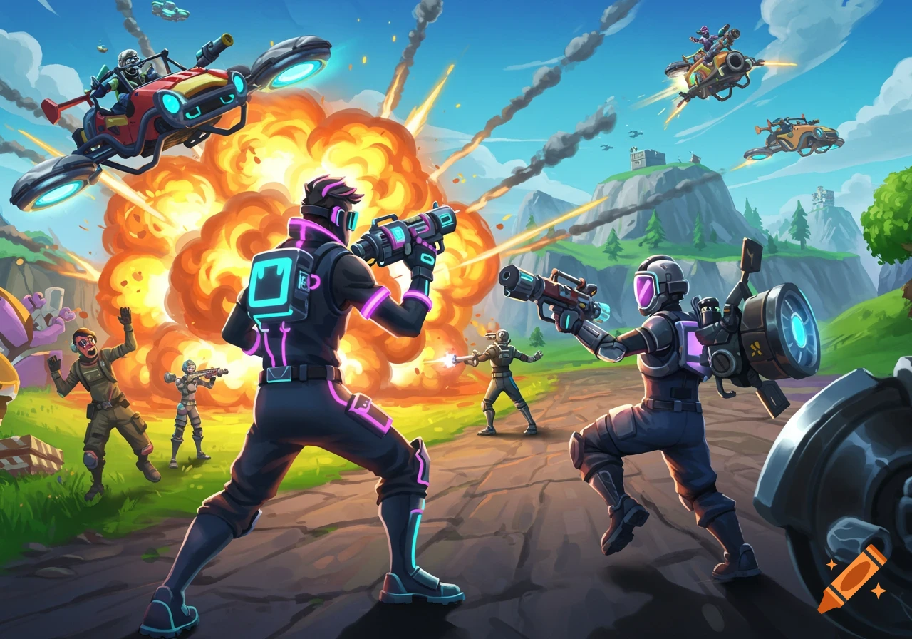 Cartoon battle scene with characters fighting amidst explosions and ...