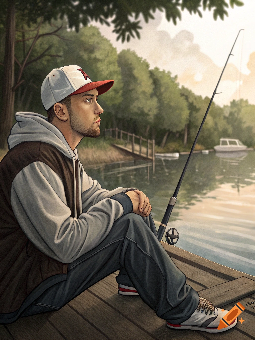 Illustration of a man in a baseball cap fishing by a lake. on Craiyon