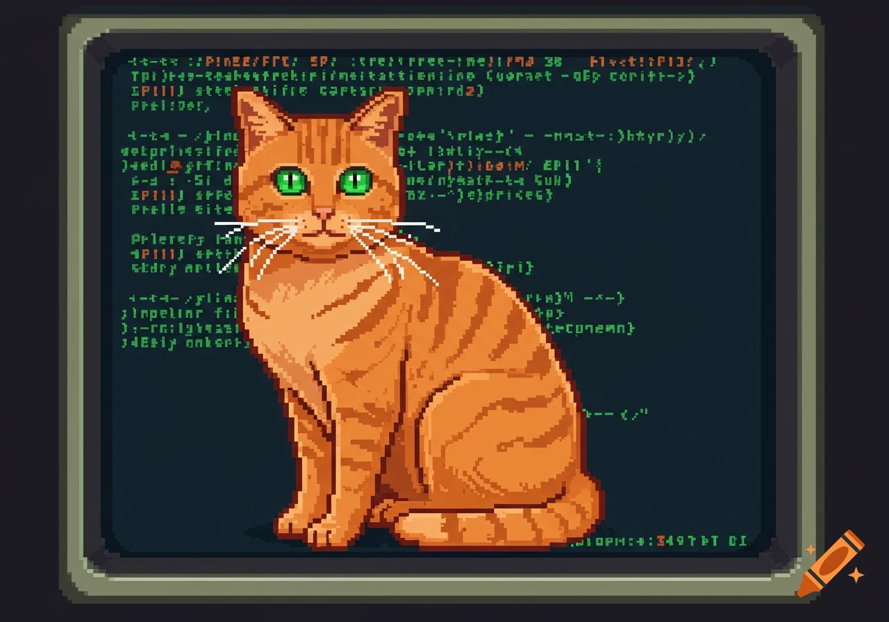 Pixelated illustration of an orange tabby cat sitting on a green ...
