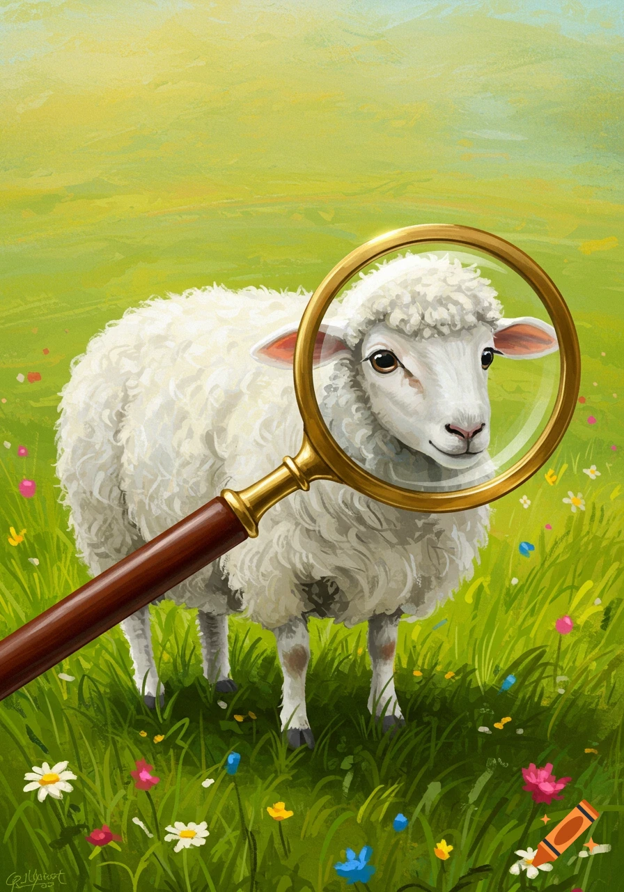 Illustration of a sheep in a field seen through a magnifying glass. on ...