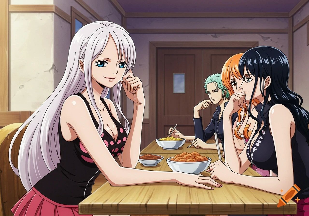 Anime characters from One Piece sitting at a table eating. on Craiyon