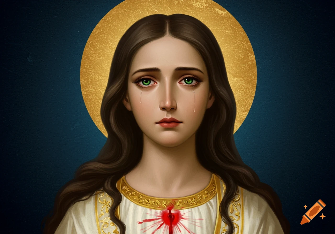 Portrait of woman crying with tears, bleeding heart, and gold halo in ...