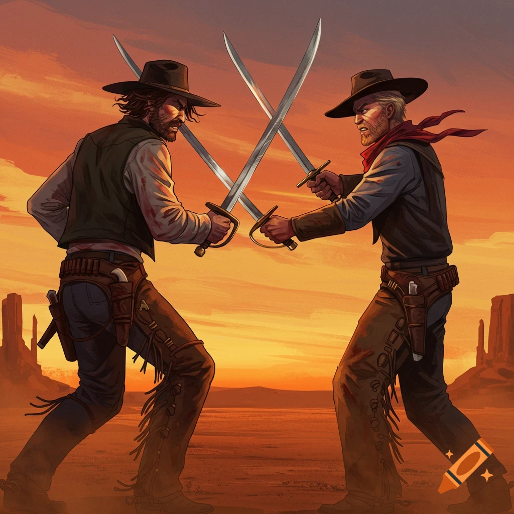 Illustration of two cowboys fighting with swords in a desert at sunset ...