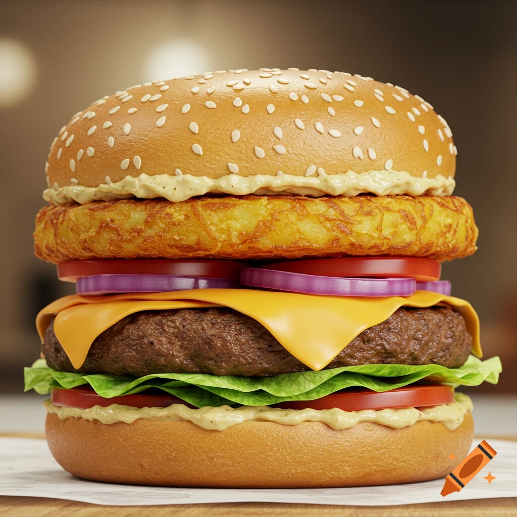 Close-up photorealistic image of a burger with a hash brown patty ...