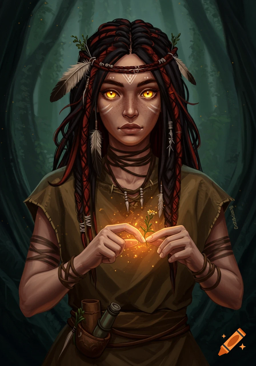 Fantasy portrait of a young woman healer in a forest, holding a glowing ...