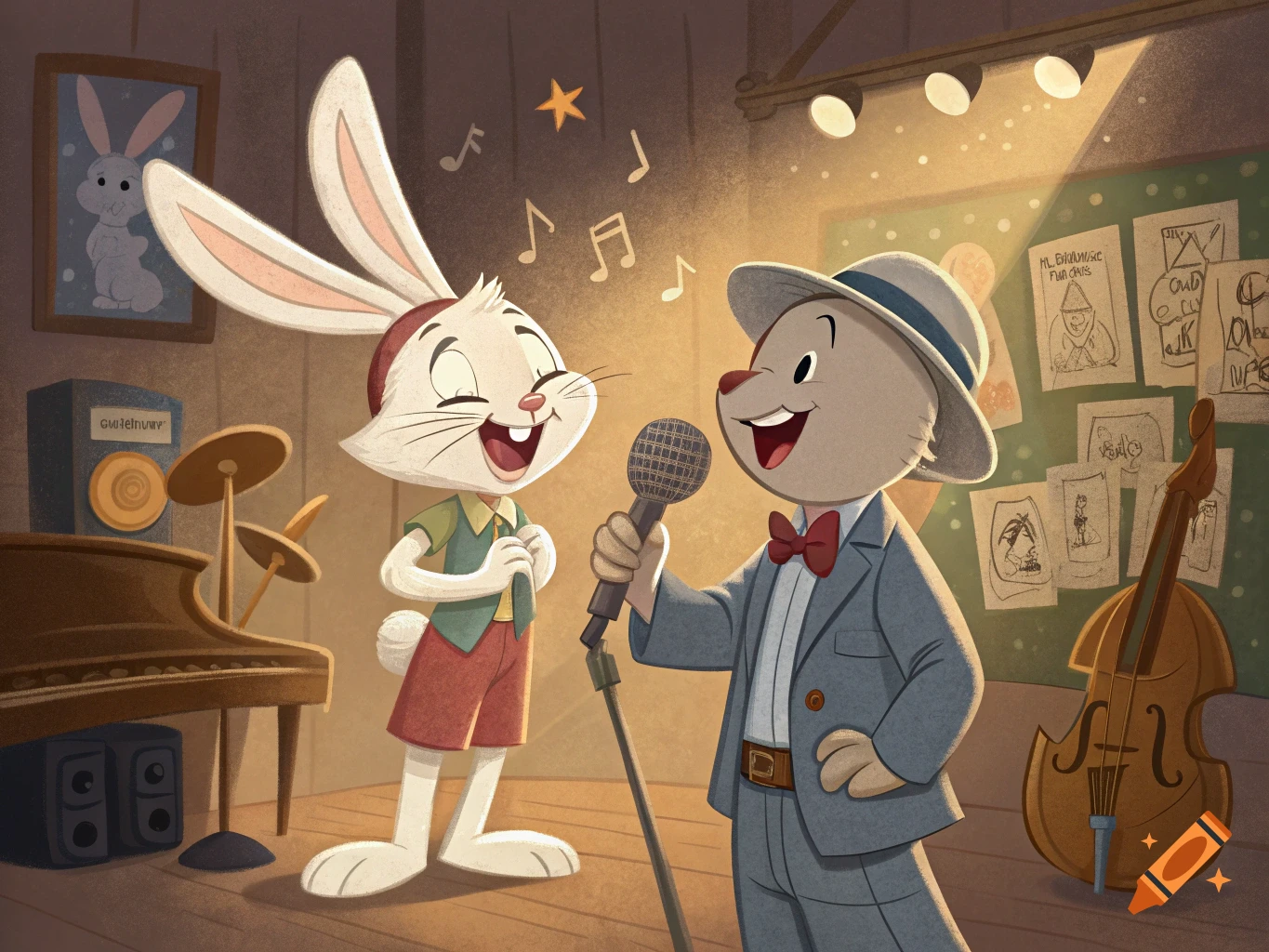 Cartoon rabbit and bear singing into a microphone on a stage with a ...