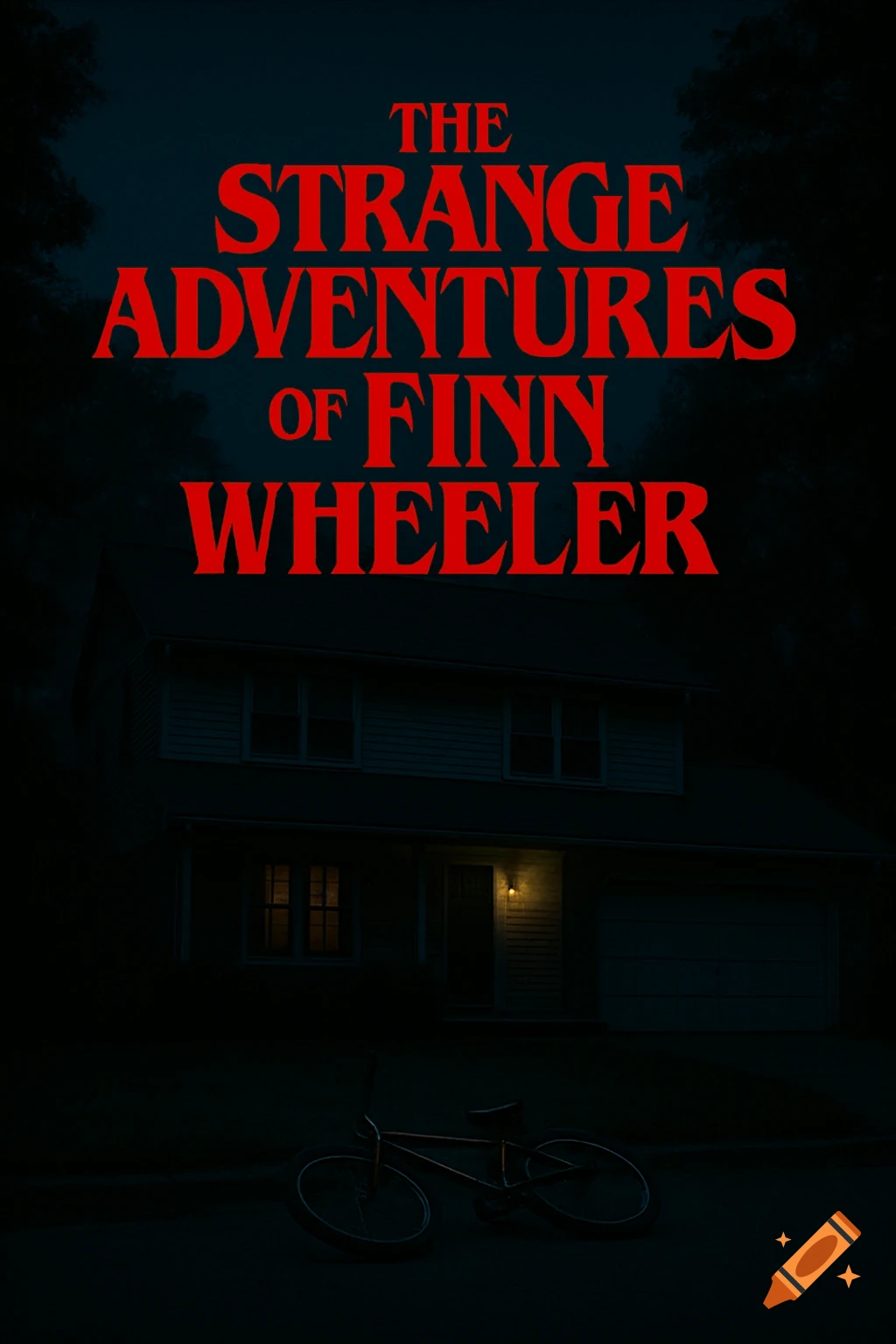 Suburban house at night with bike and red text 'The Strange Adventures ...