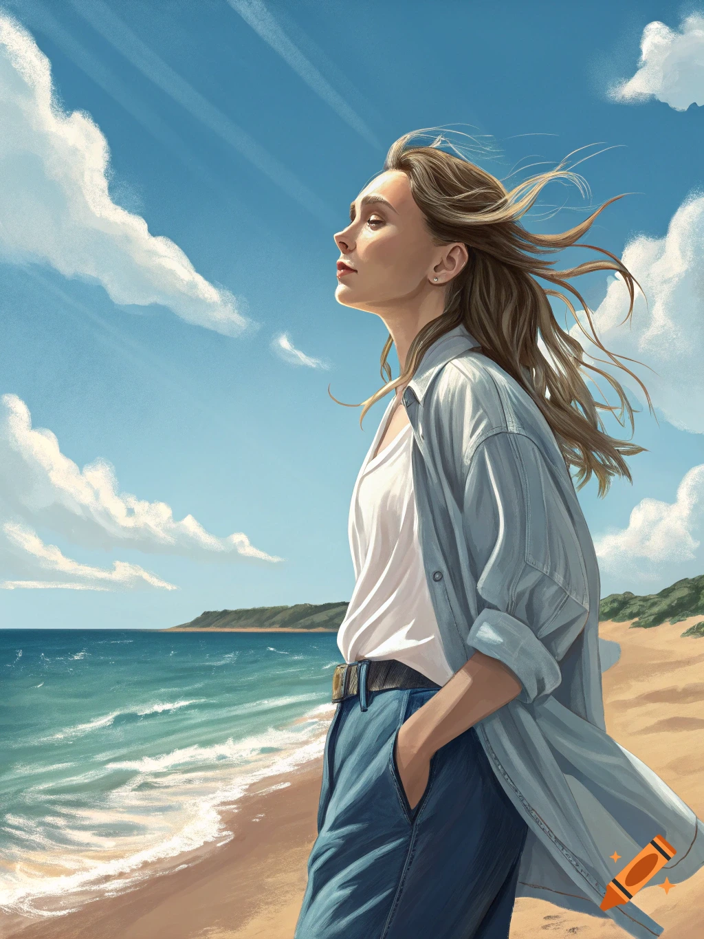 Illustrative portrait of a woman on a beach looking at the ocean. on ...