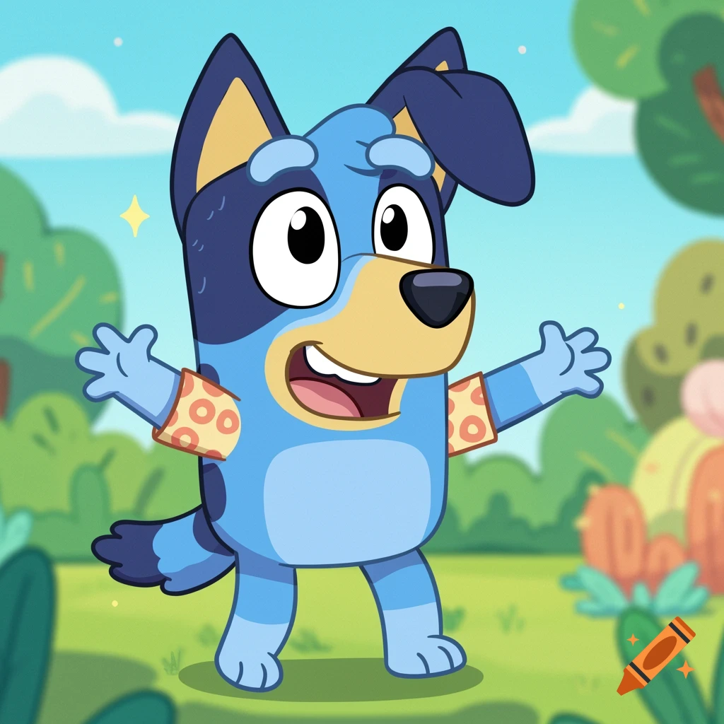A cartoon Bluey-style blue dog character stands in a park with arms ...
