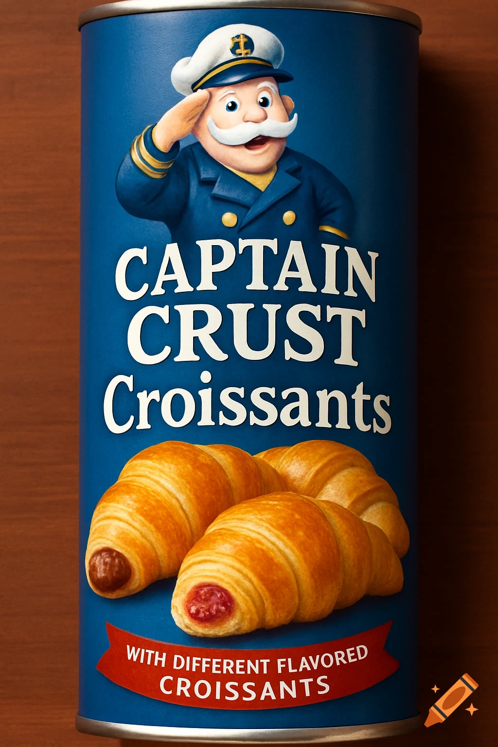 Product label for Captain Crust Croissants can, with a cartoon captain and croissants. on Craiyon