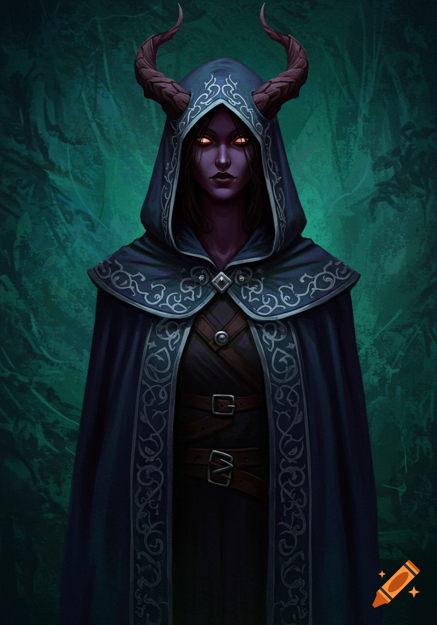 A digital painting of a female Tiefling warlock in a dark, hooded cloak ...