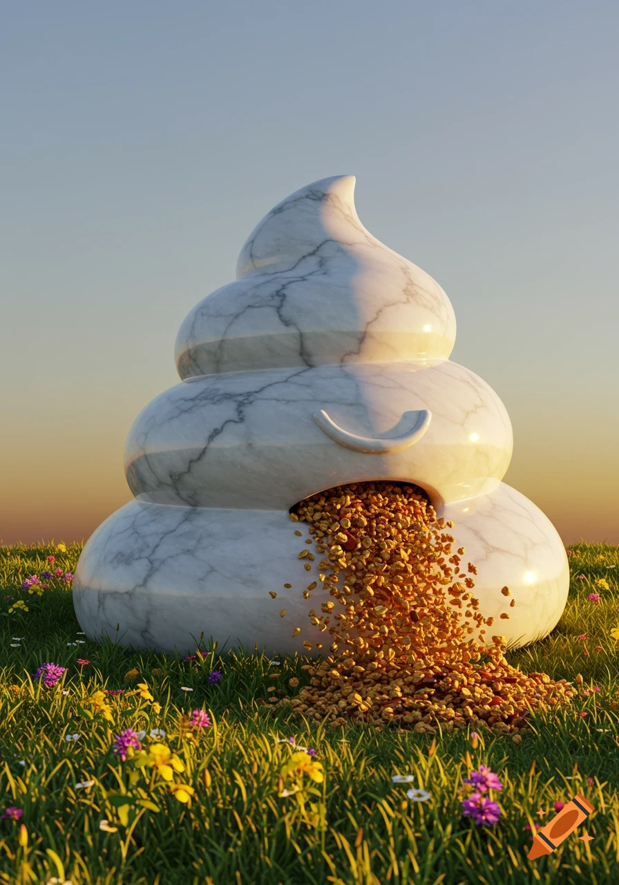 A large marble sculpture shaped like a poop emoji sits in a field of ...