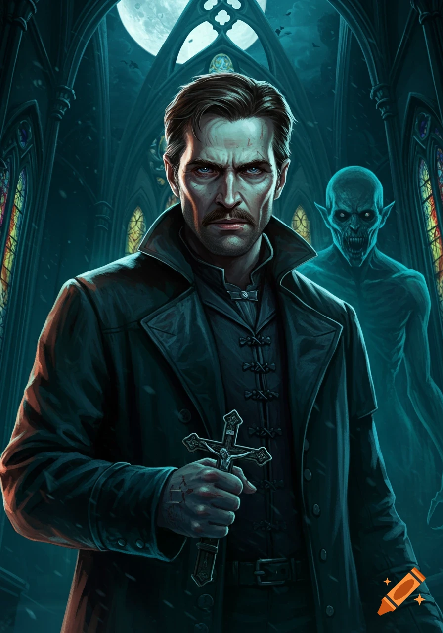 A vampire hunter holds a cross, facing a monstrous creature in a gothic ...