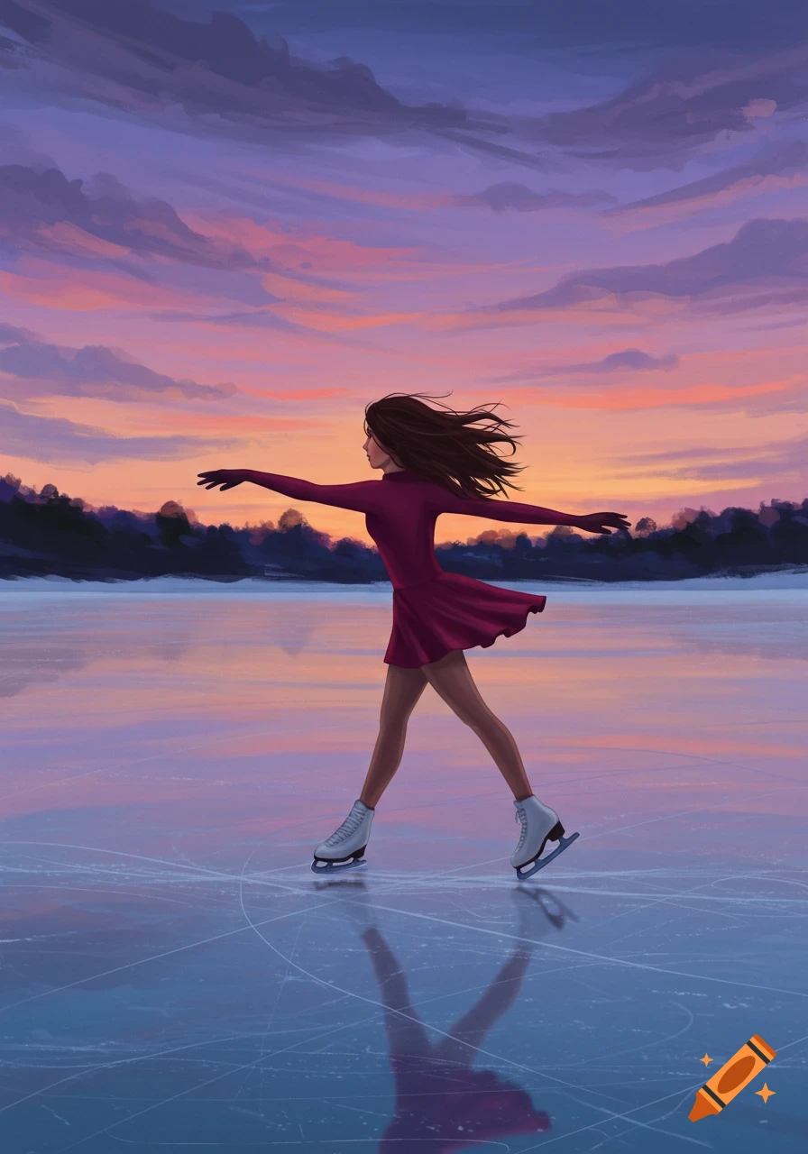 A person ice skates on ice during a colorful sunset in digital art ...