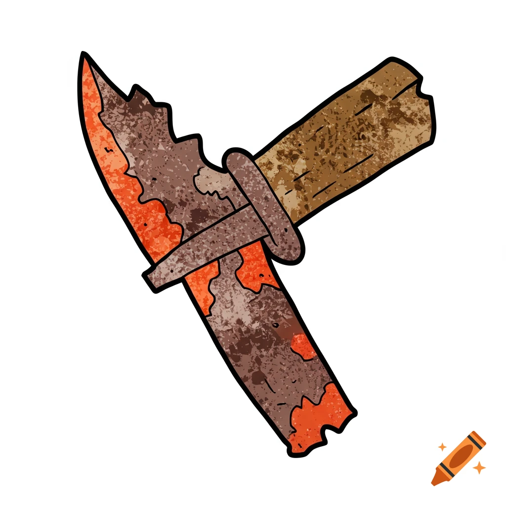 A cartoon illustration of a rusty dagger with a wooden handle. on Craiyon