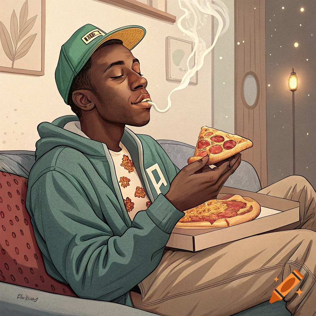 Illustration of a person resembling Tyler the Creator eating pizza on a ...