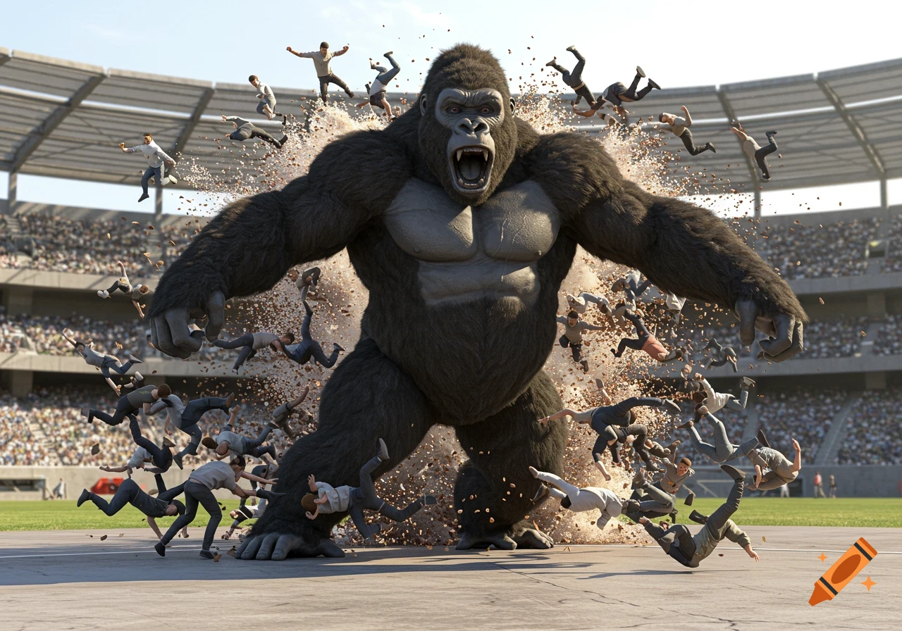Giant gorilla in a stadium throwing people into the air. on Craiyon