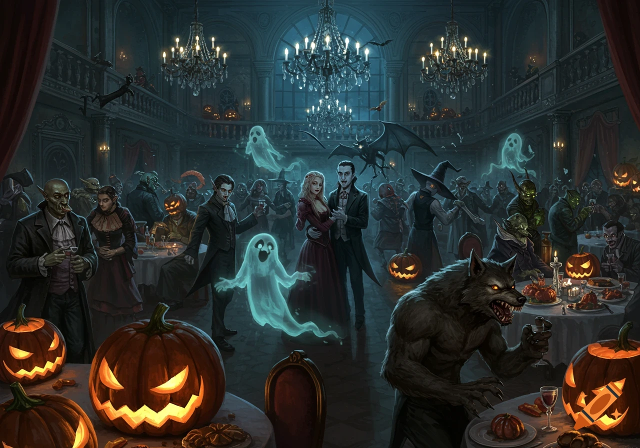A grand Halloween party in a mansion hall with dancing monsters, ghosts, vampires, werewolves ...