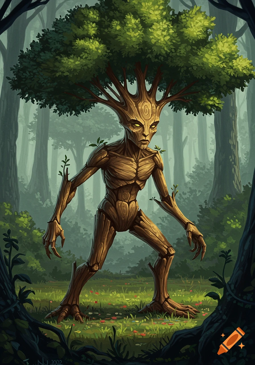 A humanoid tree creature stands in a forest. on Craiyon
