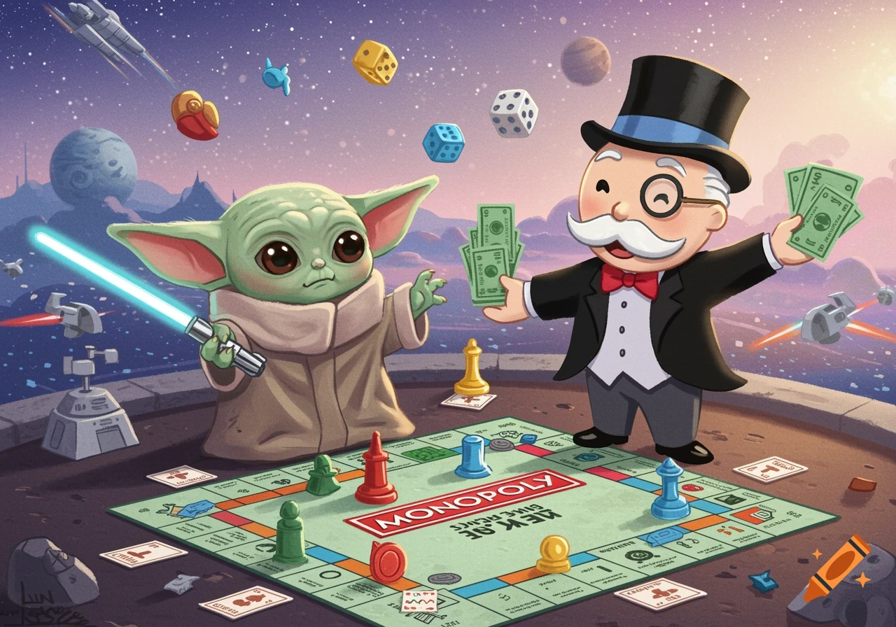 Cartoon of Baby Yoda and Mr. Monopoly playing Monopoly with a ...