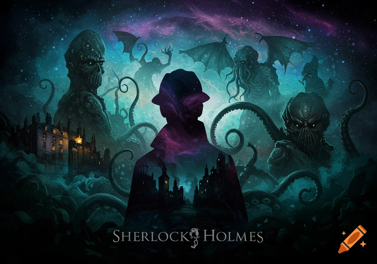 Silhouette of Sherlock Holmes before cosmic sky, tentacles, and ...
