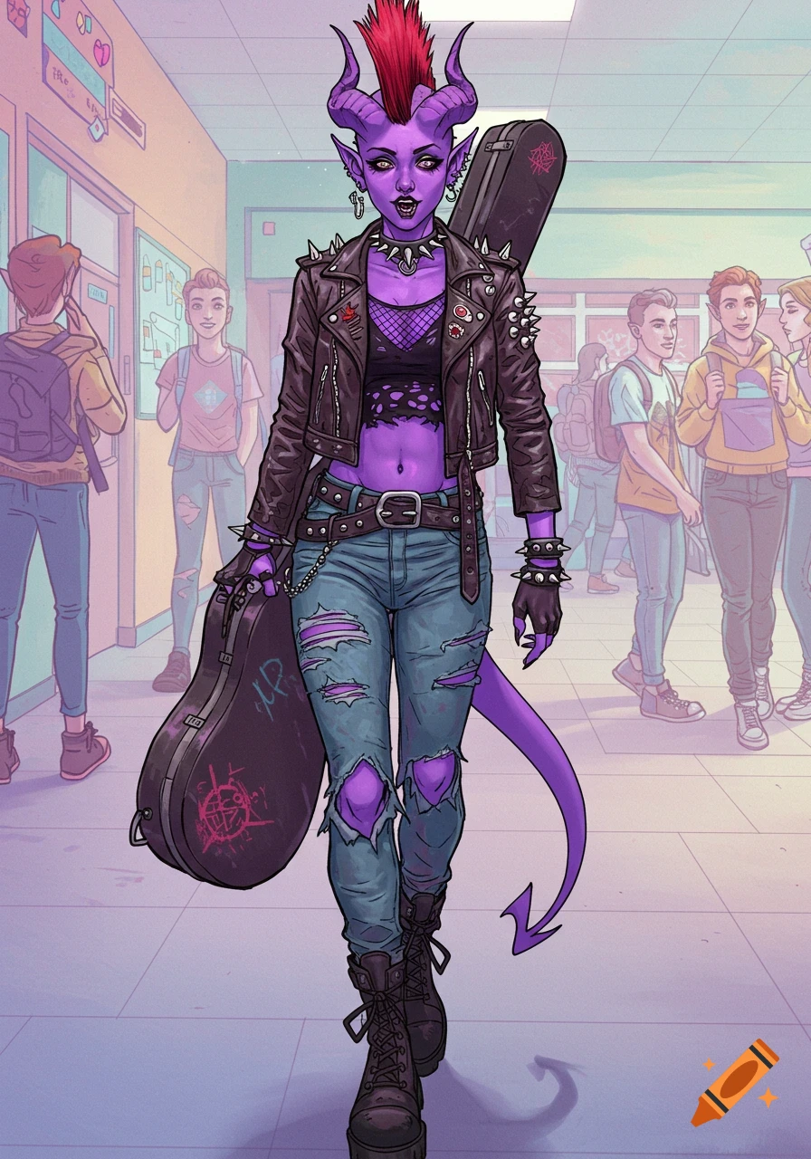 A purple tiefling punk rocker with a guitar case walks down a high ...